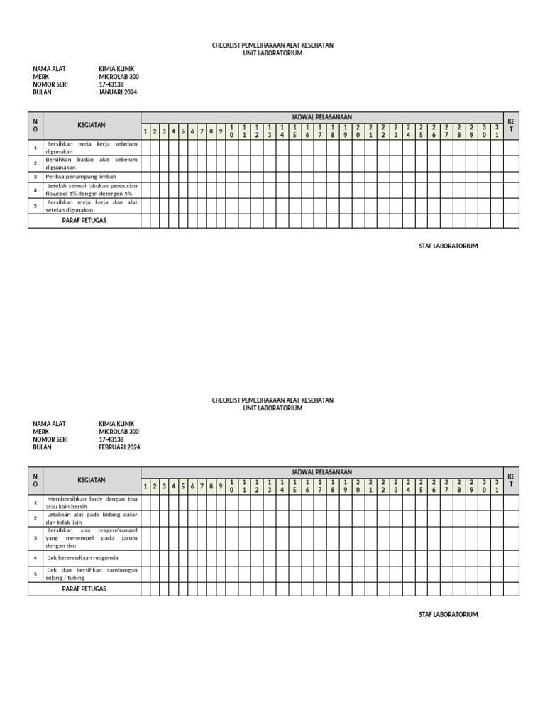 Checklist Pemeliharaan Alat Kimia Klinik | PDF