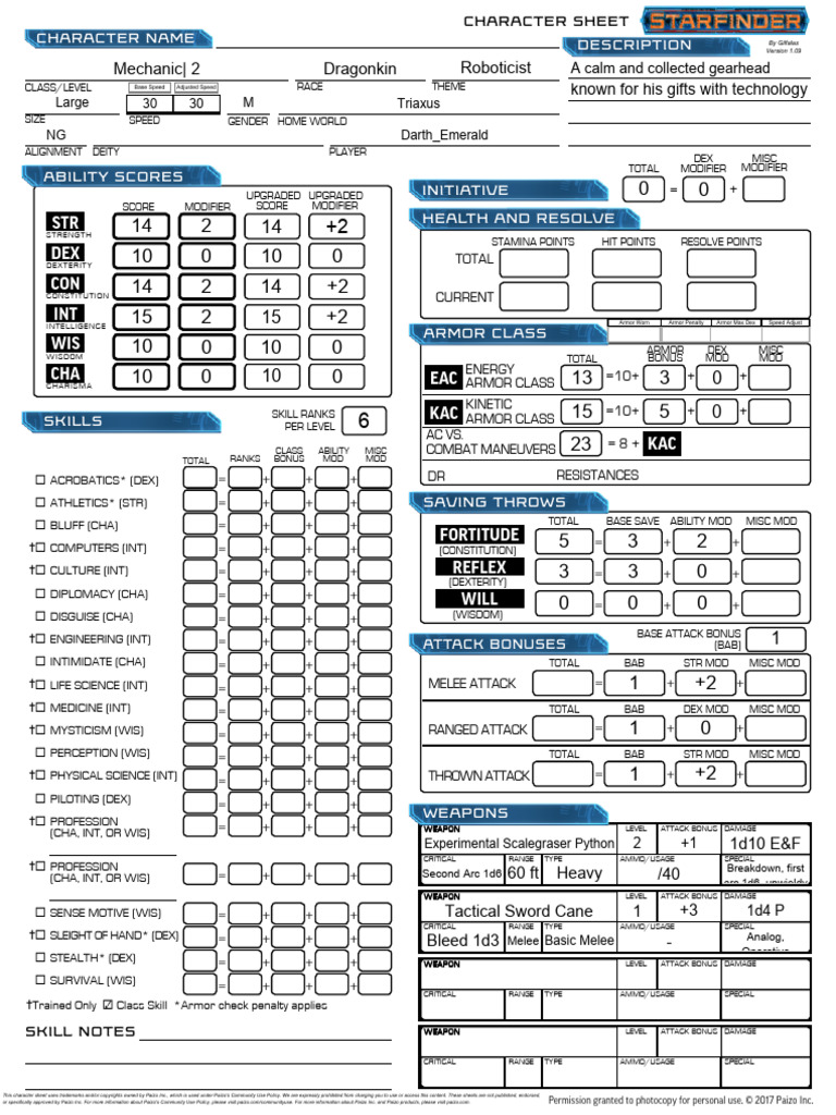 Starfinder 1e Character Sheet | PDF | Ammunition | Prototype