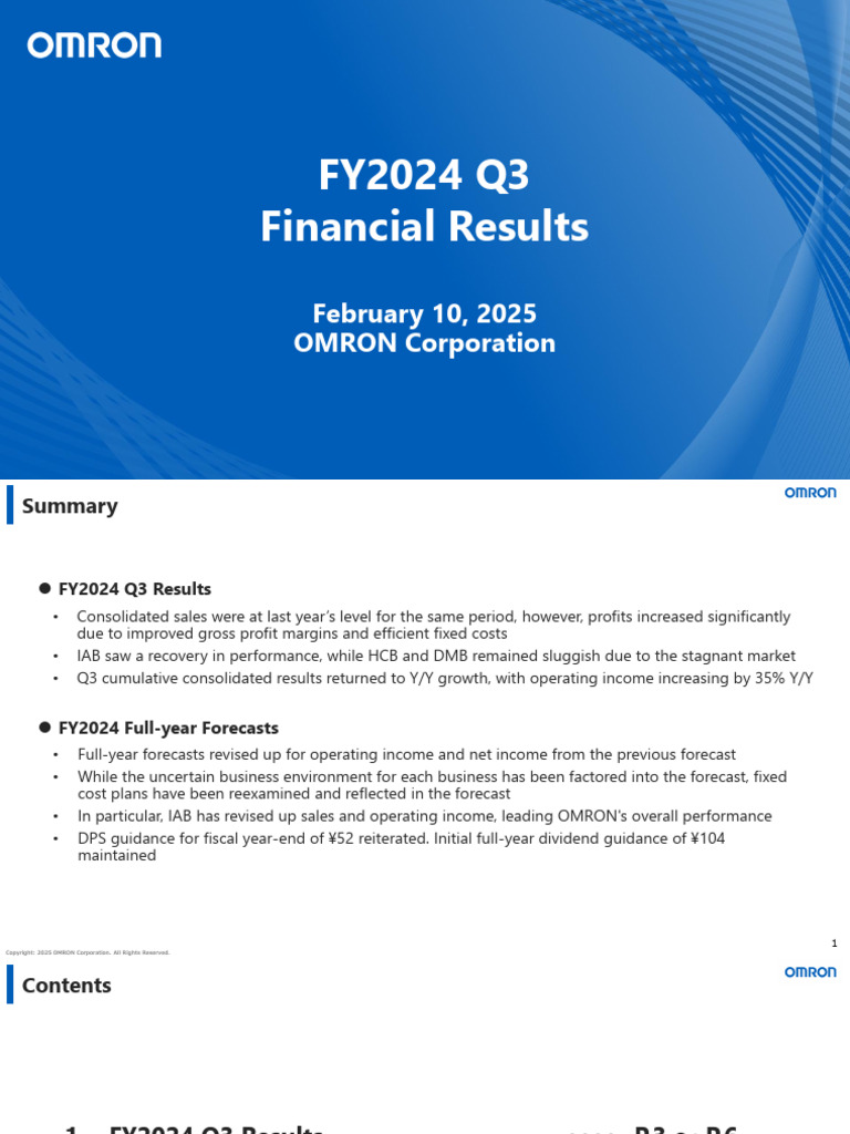 OMRON FY2024 Q3 Financial Results | PDF | Cost Of Goods Sold | Inventory