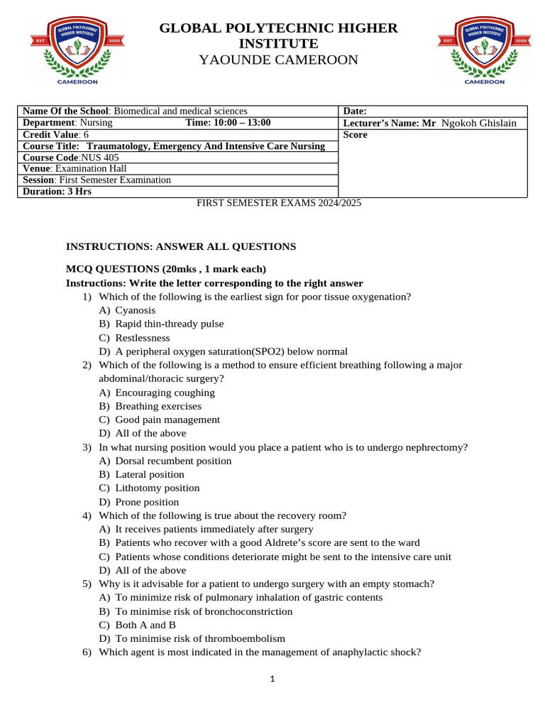 Emergency Nursing Exam Questions 2024 | PDF | Sepsis | Shock (Circulatory)