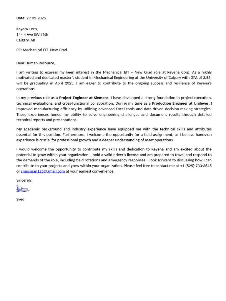 Cover Letter - Syed Muhammad Usman | PDF