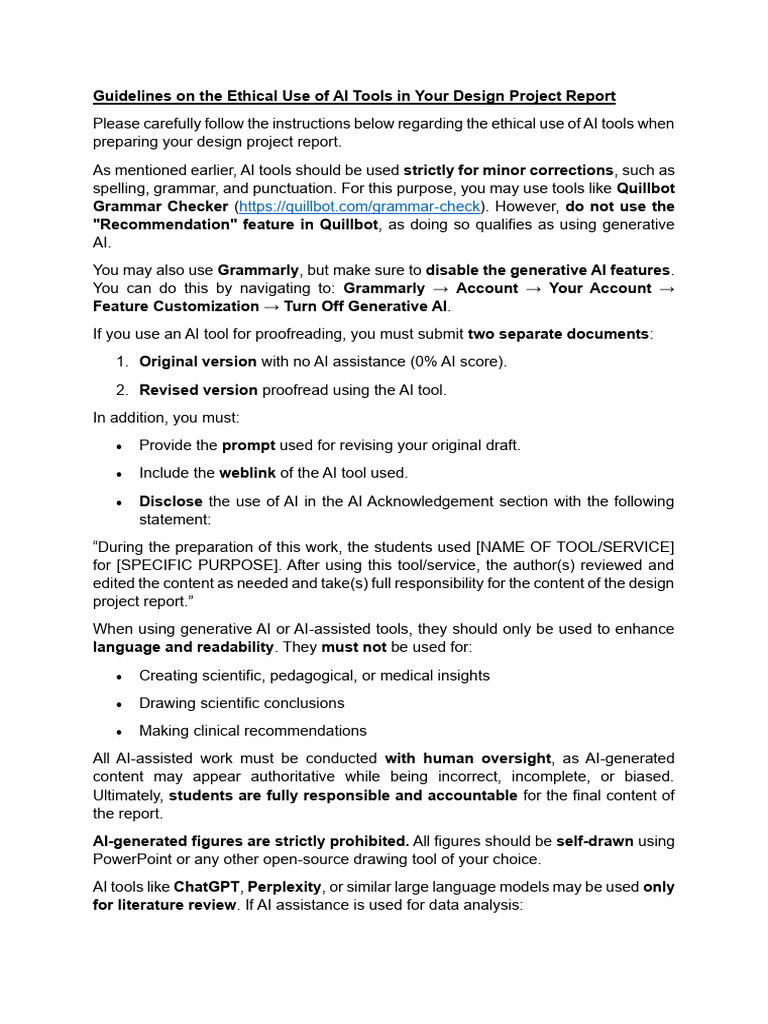 Guidelines On The Ethical Use of AI Tools in Your Design Project Report | PDF | Proofreading