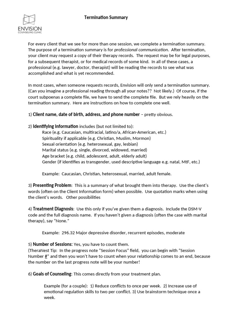 Termination Summary Instructions | PDF | Psychotherapy | Dialectical ...