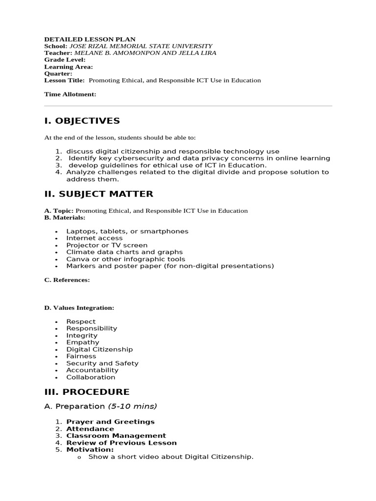 LESSON PLAN ICT Digital Citizenship | PDF | Educational Technology | Lesson Plan