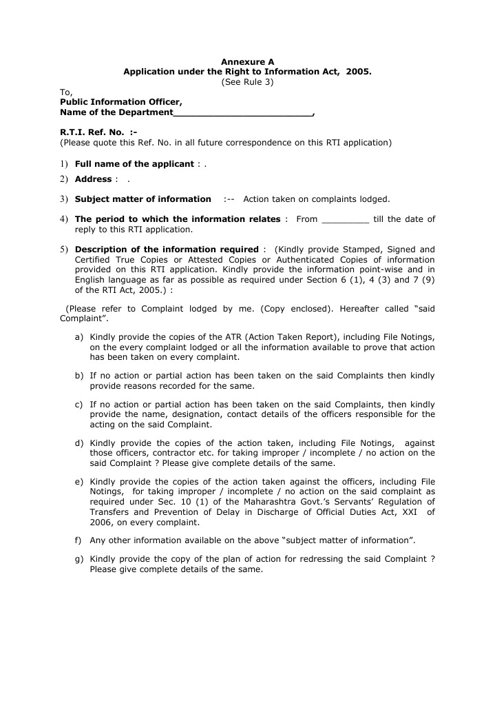 RTI Application Form - Readymade On Complaint | PDF | Complaint ...