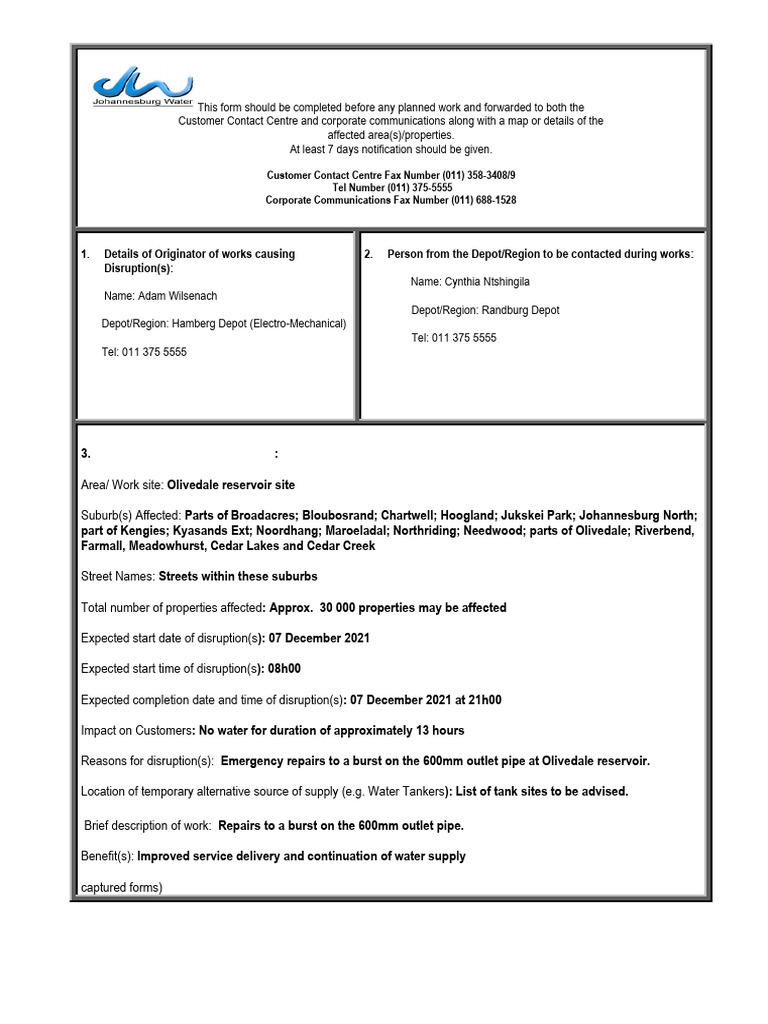 Planned Disruption Notice Olivedale Reservoir 07 December 2021 | PDF