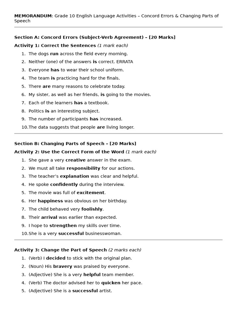 Grade 10 Concord Errors and Changing Parts of Speech MEMORANDUM | PDF