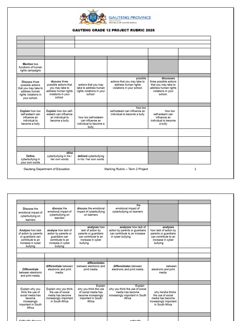 Grade 12 Project Rubric 2025 | PDF | Self Esteem | Cyberbullying