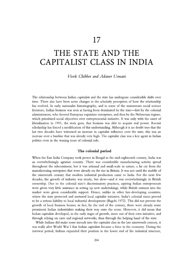 (Chibber and Usmani) The State and The Capitalist Class in India | PDF