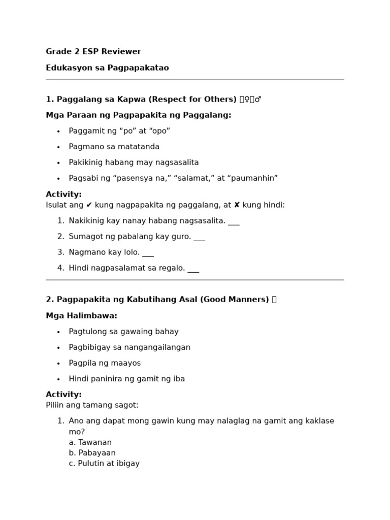 Grade 2 ESP Reviewer | PDF