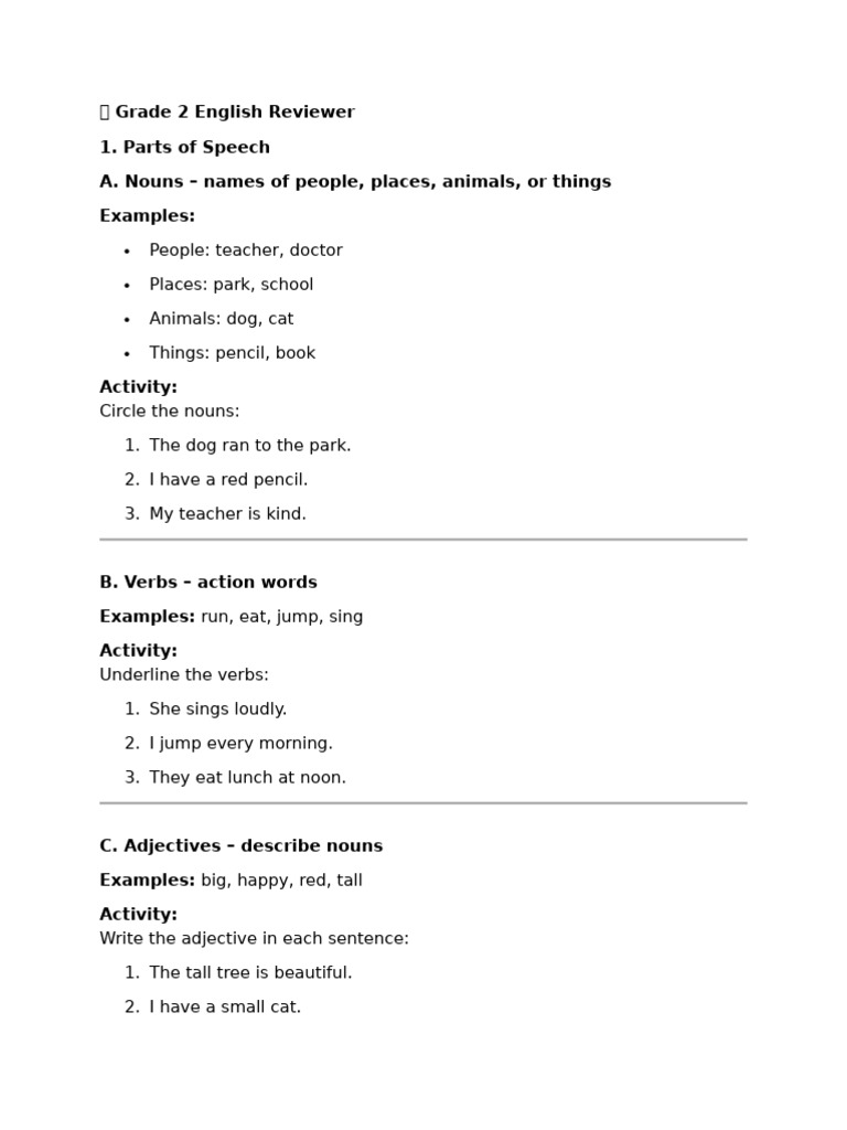 Grade 2 English Parts of Speech Guide | PDF
