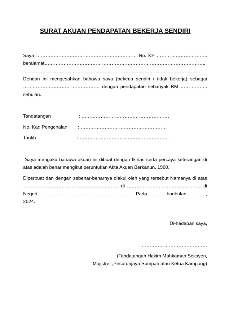 Surat Akuan Pendapatan Bekerja Sendiri | PDF