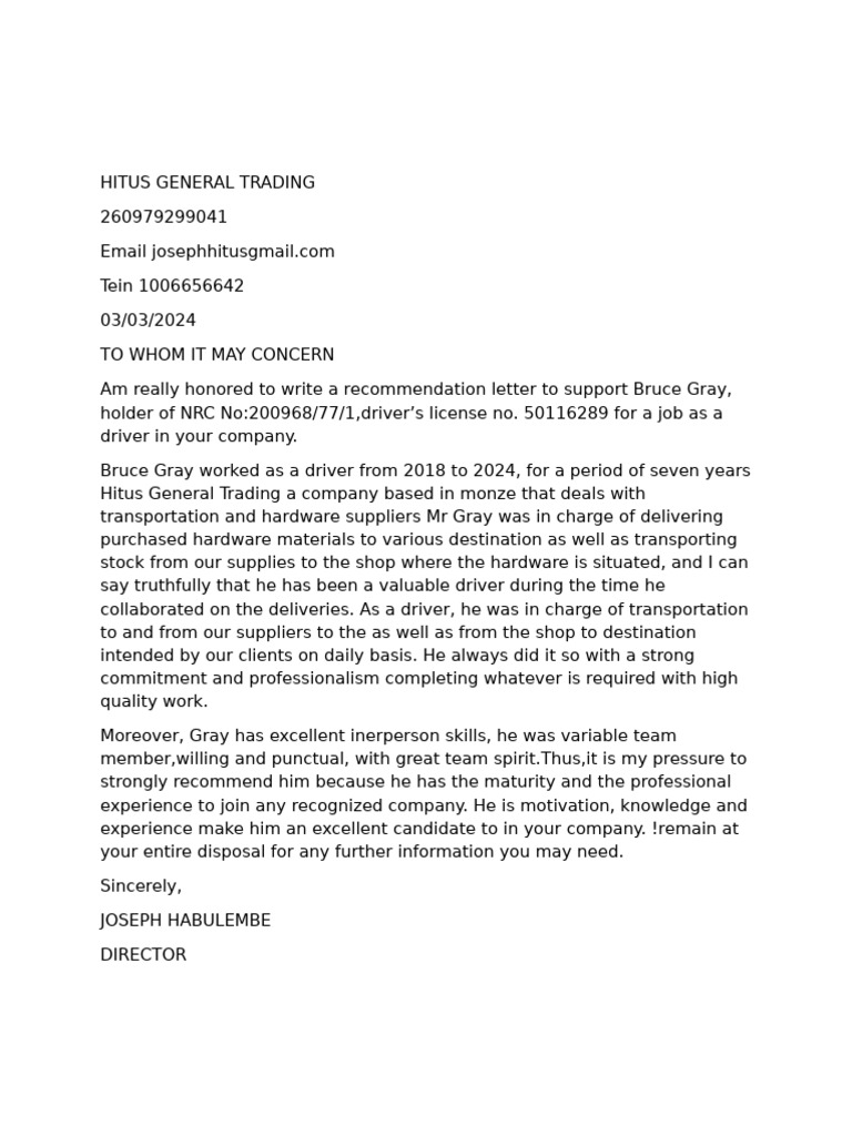 Recommendation for Driver Bruce Gray | PDF