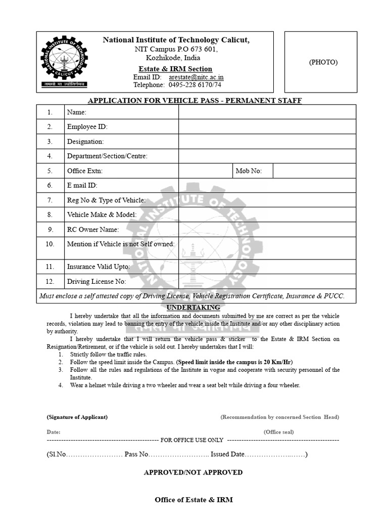 Vehicle Pass Application for Staff | PDF | Driving | Land Transport
