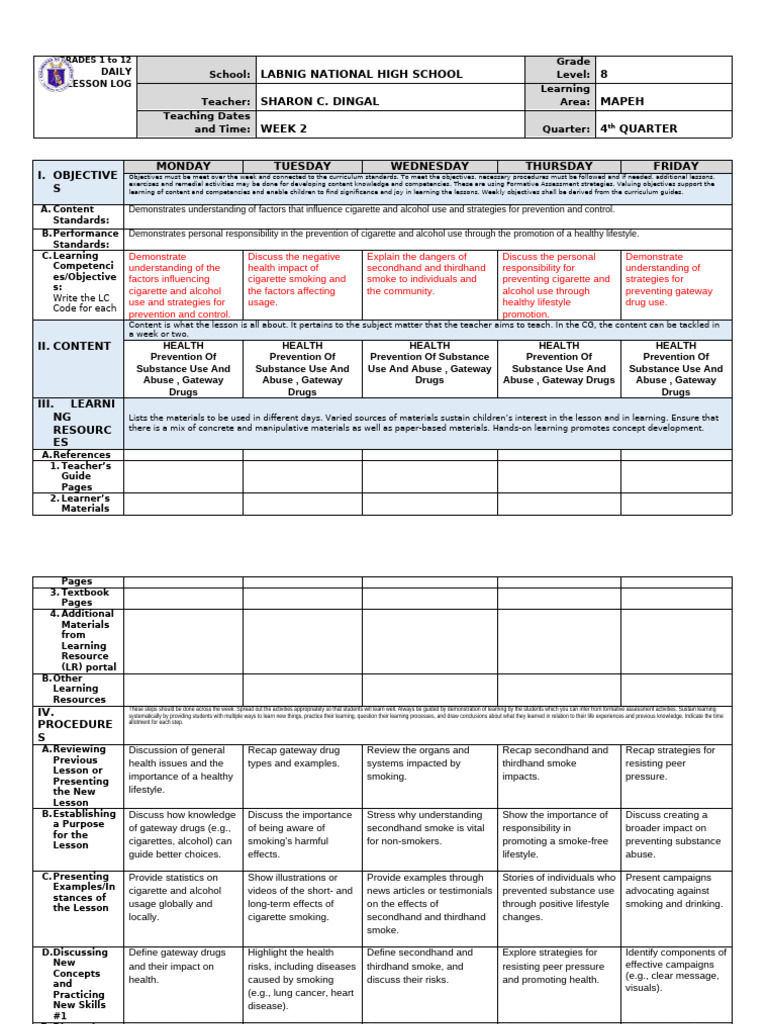 Grade 8 MAPEH Weekly Lesson Plan | PDF | Smoking | Substance Abuse