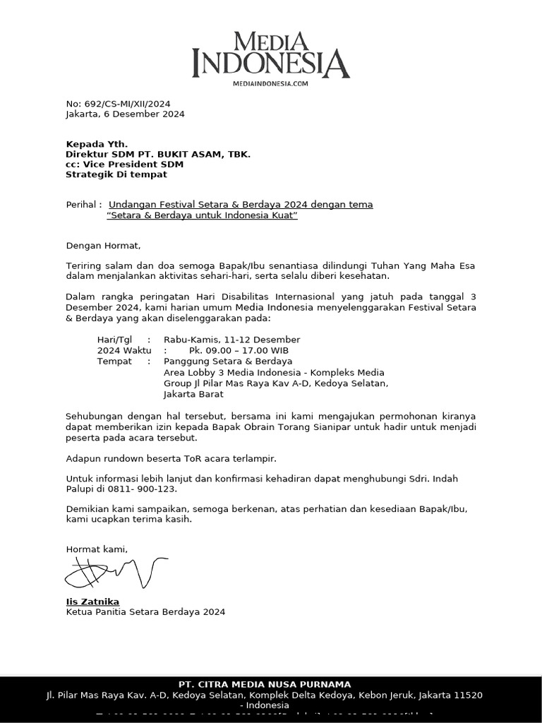 Surat No 692 - Undangan Peserta Acara Festival Setara & Berdaya 11-12 ...