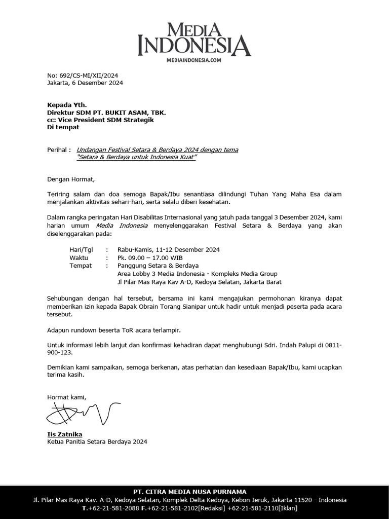 Surat No 692 - Undangan Peserta Acara Festival Setara & Berdaya 11-12 ...