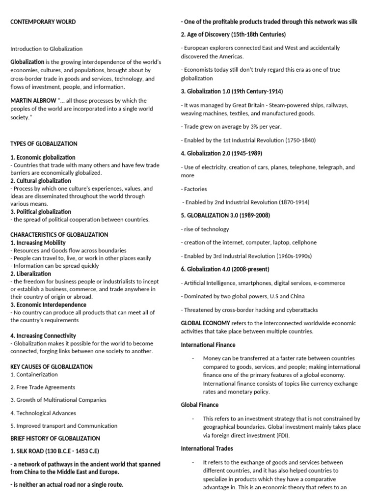 CONTEMPORARY WOLRD Final Reviewer | PDF | Human Migration | Globalization