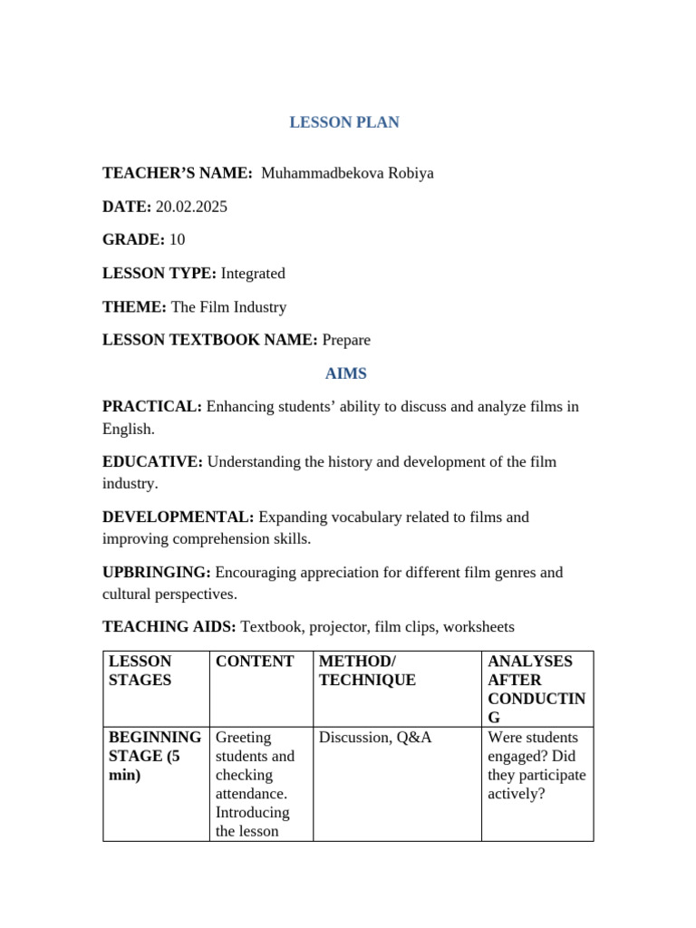 Film Industry Lesson Plan for Grade 10 | PDF | Reading Comprehension ...