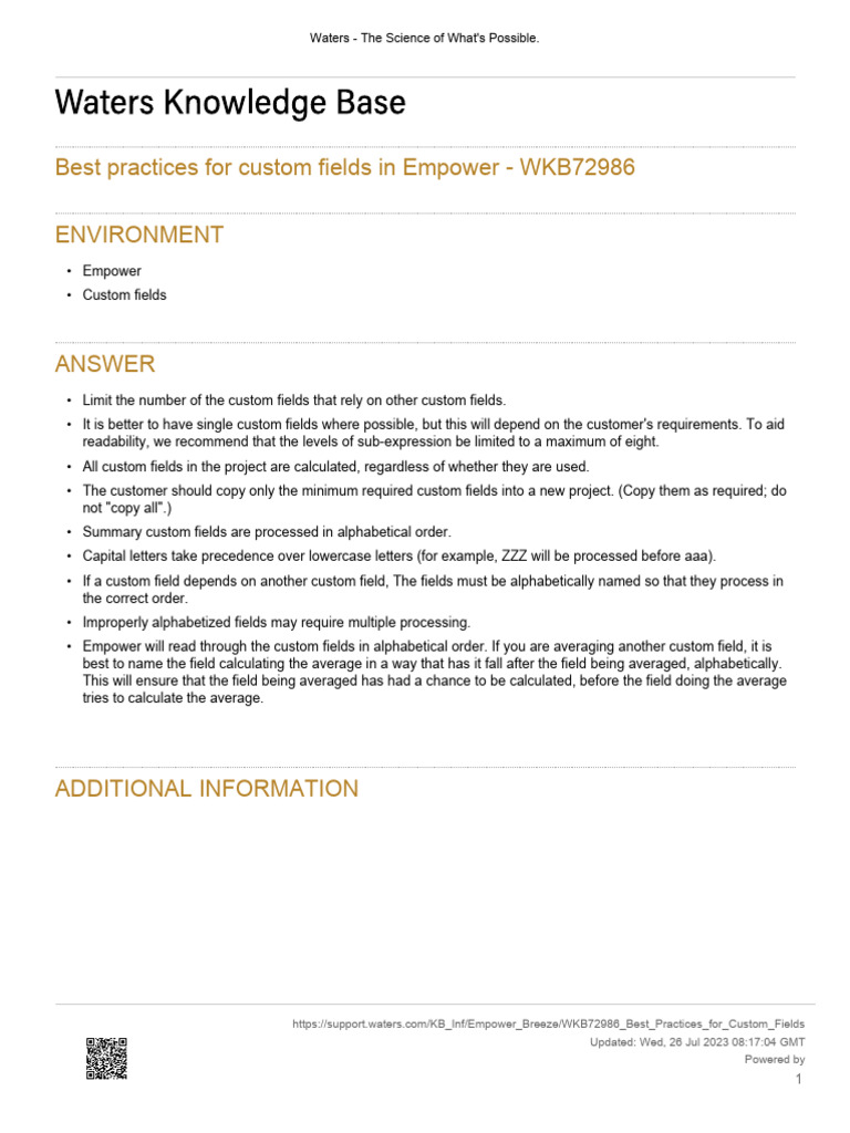 Best practices for custom fields in Empower - WKB72986 | PDF