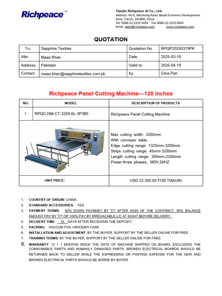 Quotation for Richpeace Cutting Machine | PDF