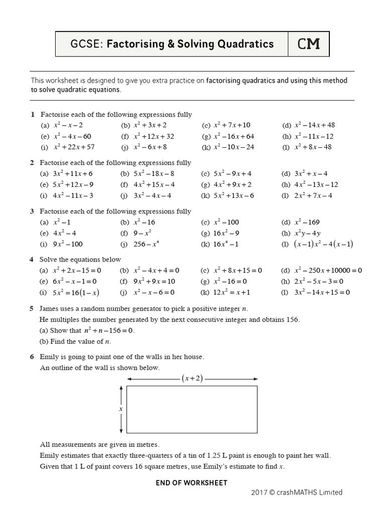 GCSE Factorising Quadratics Worksheet | PDF