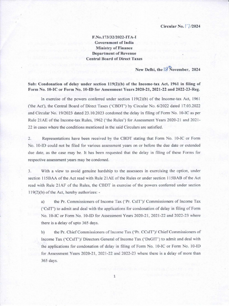 E11. Circular No. 17_2024 - Condonation of delay in filing form 10-IC ...
