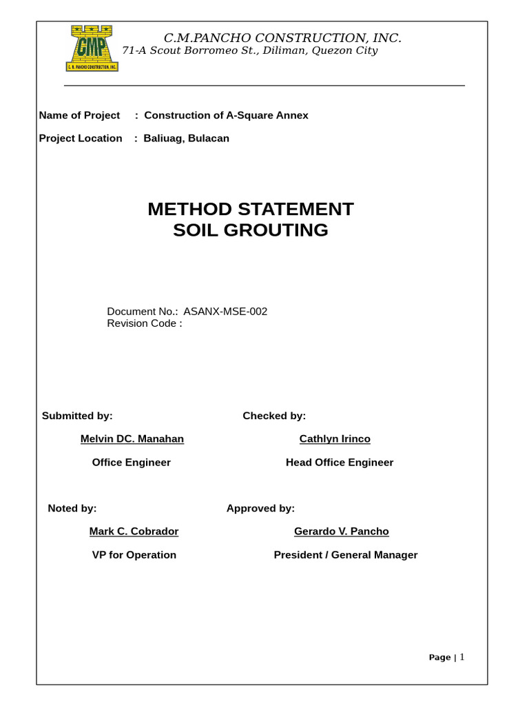 Method Statement Cement Grouting | PDF