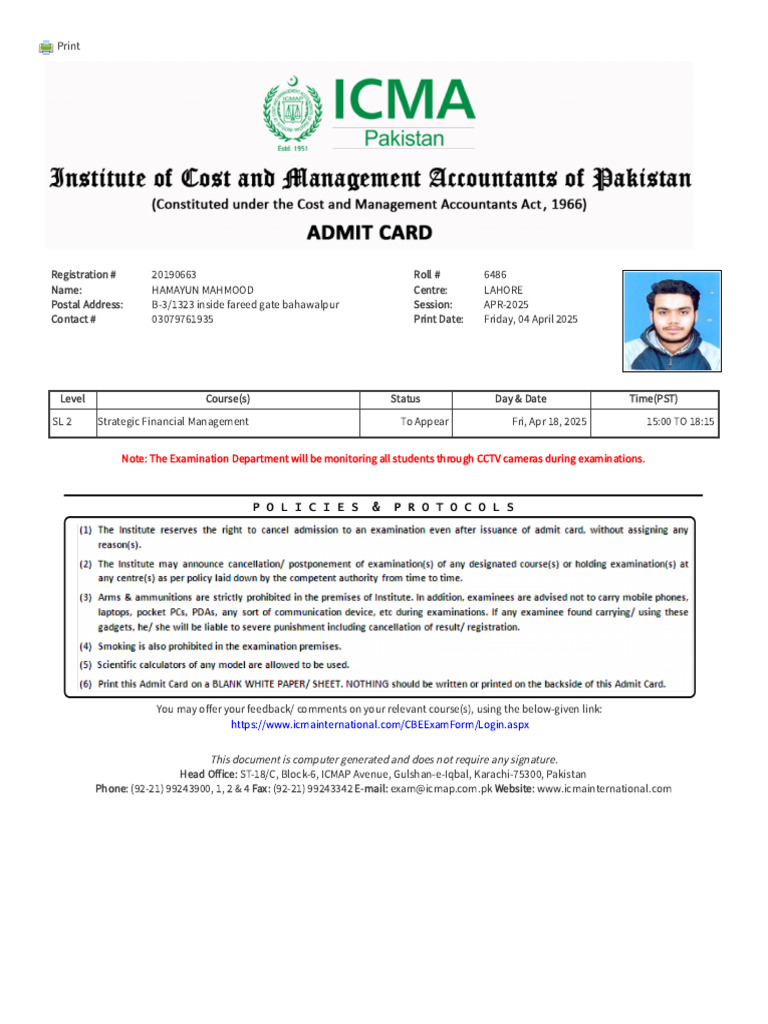 ICMA Pakistan - Online Examination Forms | PDF