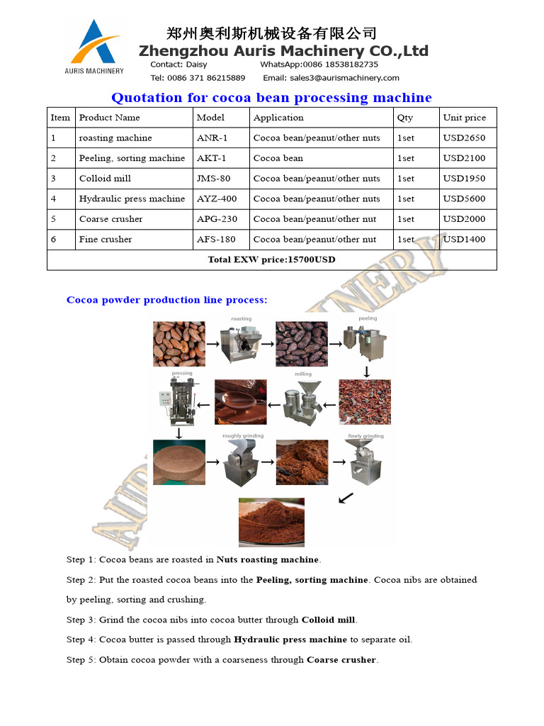 Quotation For Cocoa Bean Processing Machine: Zhengzhou Auris Machinery ...