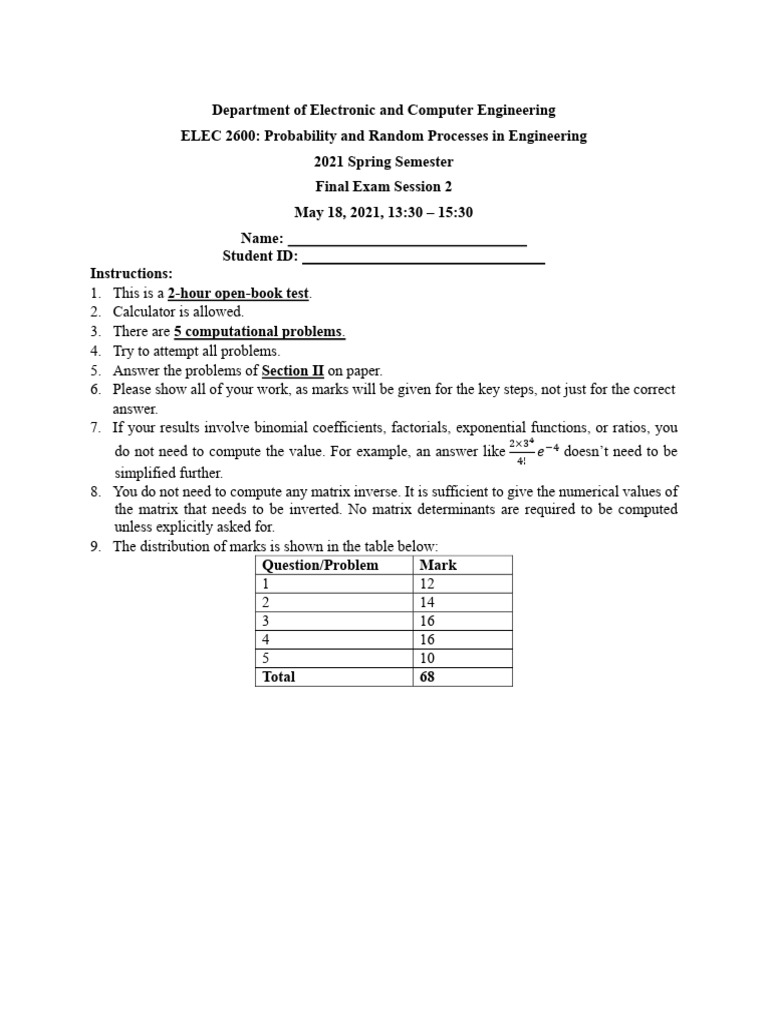 (ELEC2600) (2021) (S) Final 7em935 25400 | PDF | Probability Density Function | Normal Distribution