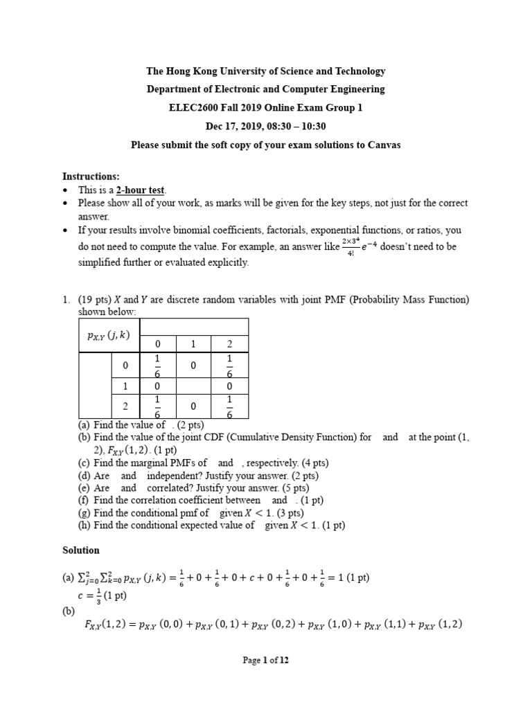 (ELEC2600) (2019) (F) Final 5c82u 89554 | PDF | Probability Density Function | Statistical Theory