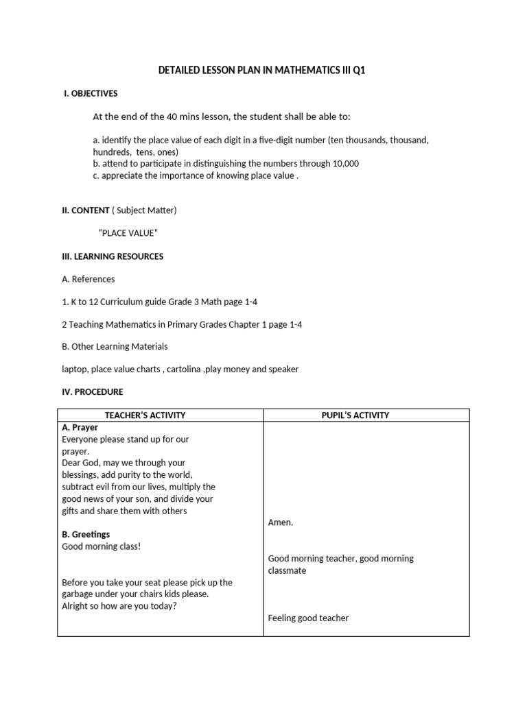 Place Value Lesson Plan for Grade 3 | PDF | Teachers | Learning