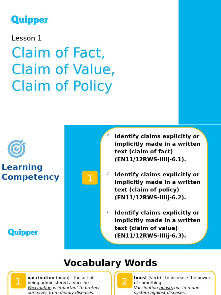 RW 11 - 12 - Unit 10 - Lesson 1 - Claims of Fact, Value, Policy | PDF ...