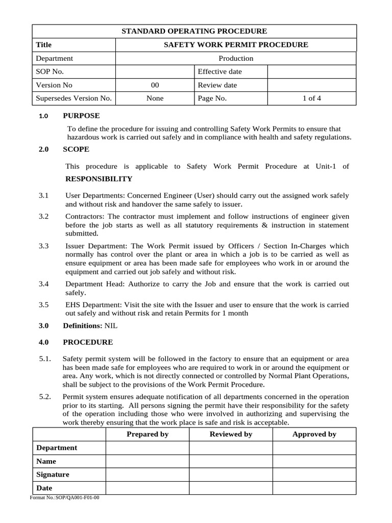 SOP For Work Permit Procedure | PDF | Safety | Occupational Safety And Health