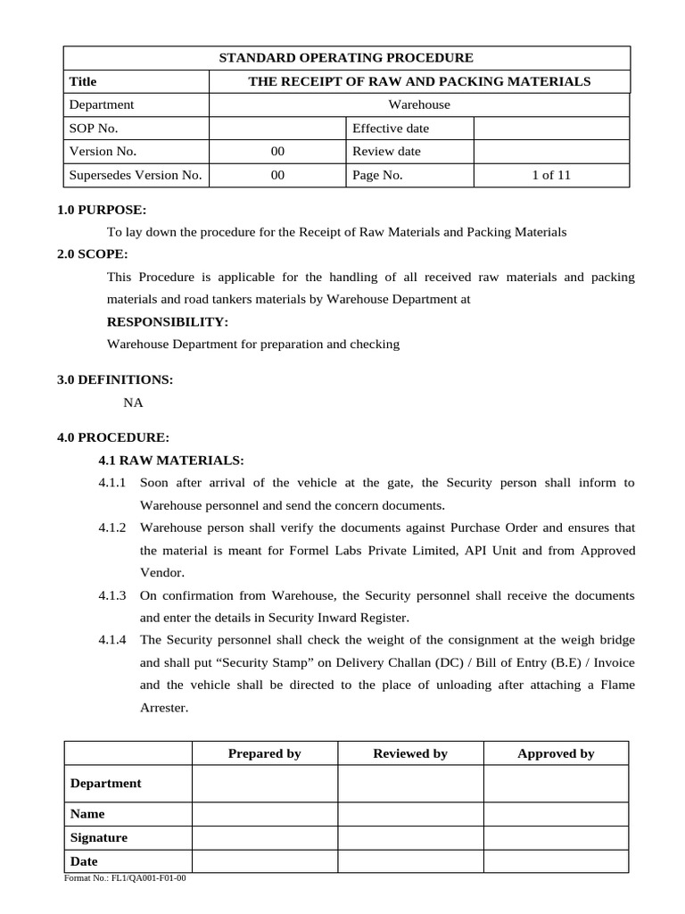 SOP for Receiving Raw and Packing Materials | PDF | Receipt | Warehouse