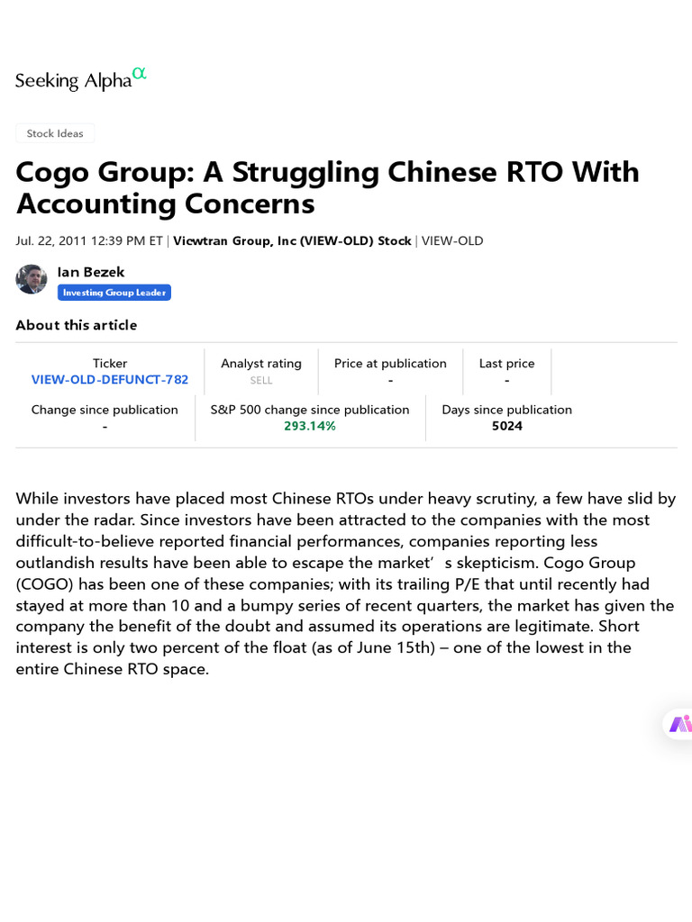 Cogo Group - A Struggling Chinese RTO With Accounting Concerns (OTCMKTS ...