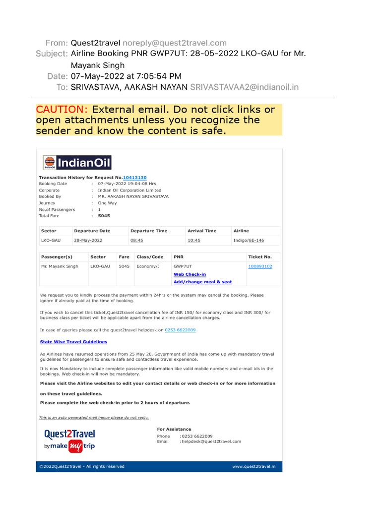 Airline Booking PNR GWP7UT 28-05-2022 LKO-GAU For Mr. Mayank Singh | PDF