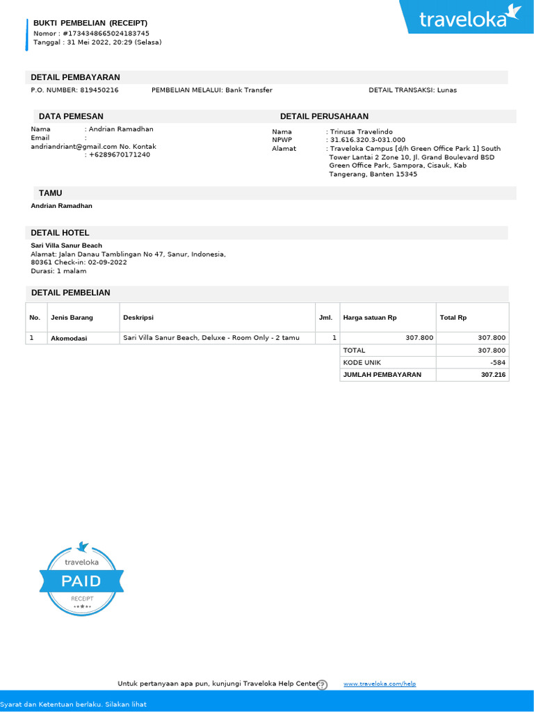Traveloka Receipt | PDF