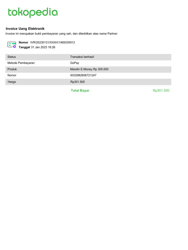 Invoice Pembayaran GoPay Rp301.500 | PDF
