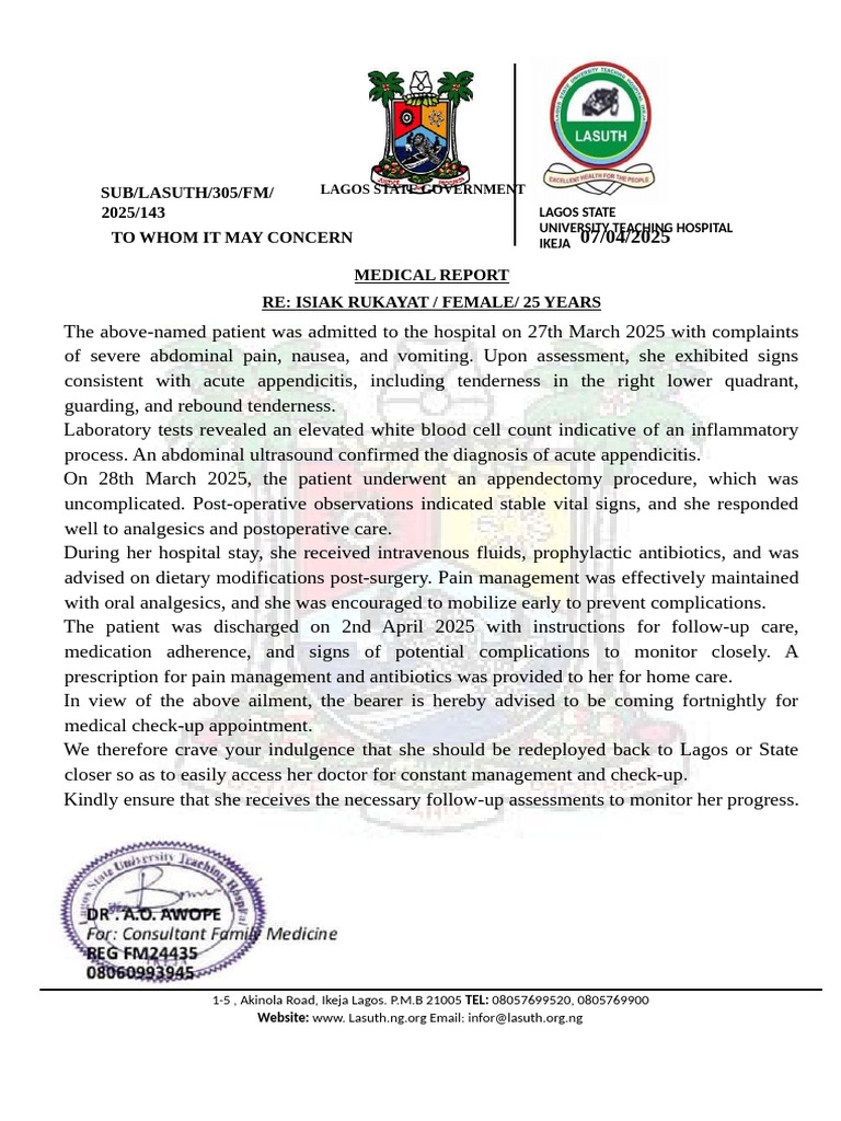 Medical Report Lagos Leave | PDF