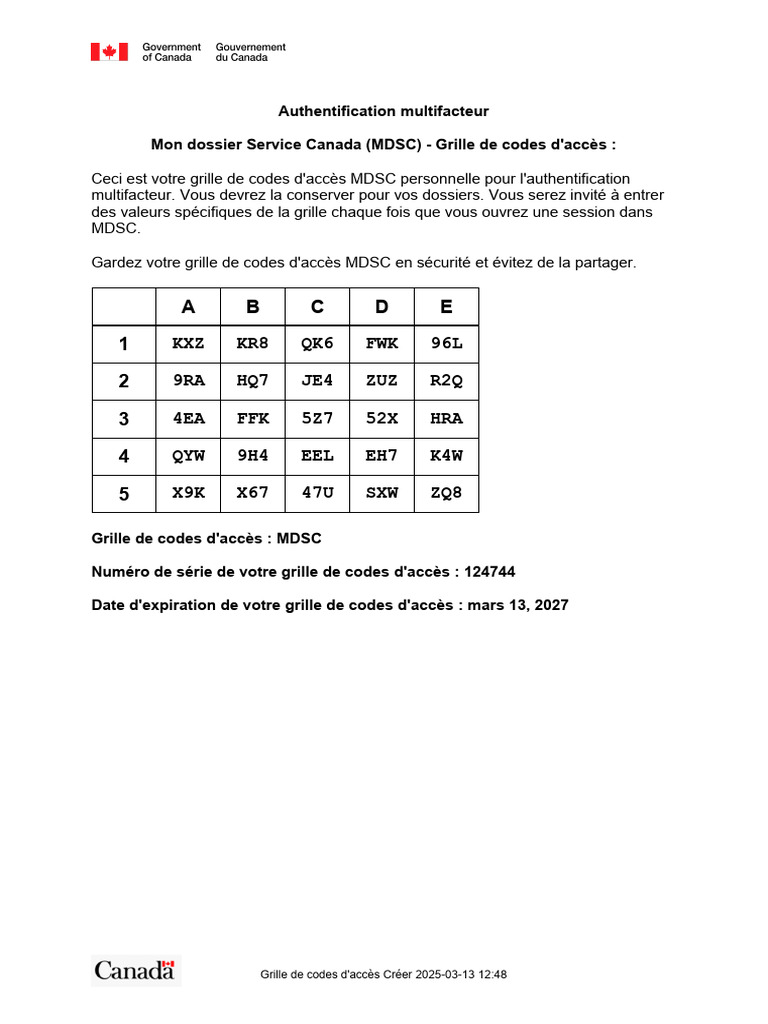 Grille de codes d'accès MDSC 124744 | PDF
