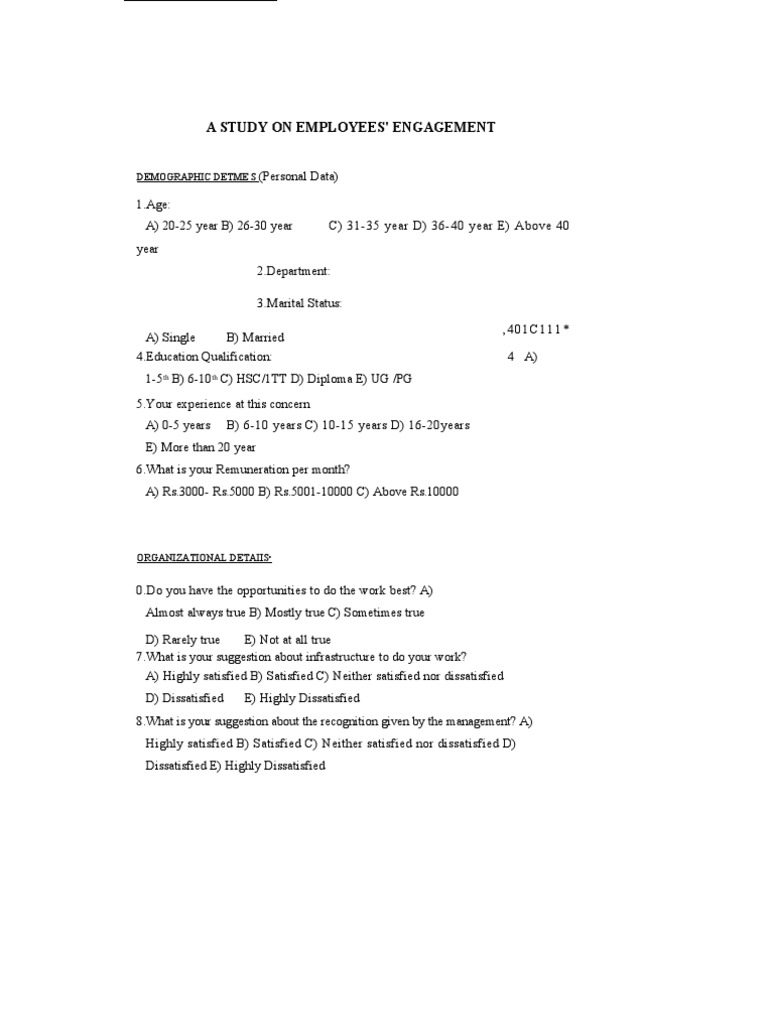 Questionnaire Employee Engagement 1 | PDF