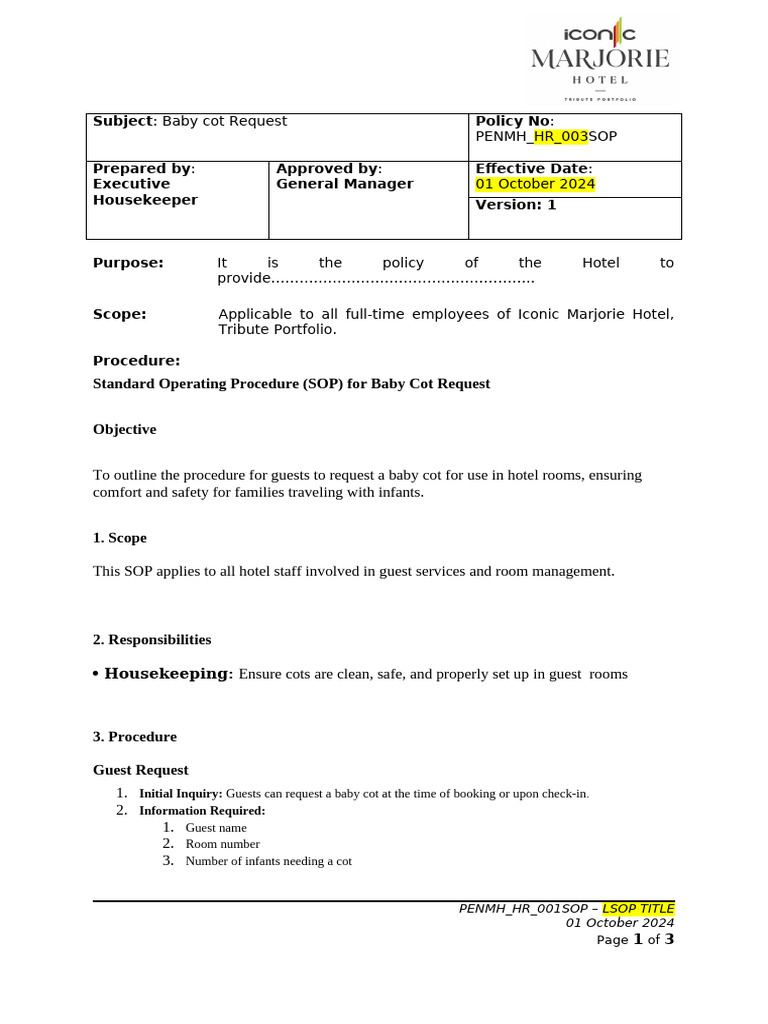 Penmh - HR - 003sop - Baby Cot Request | PDF