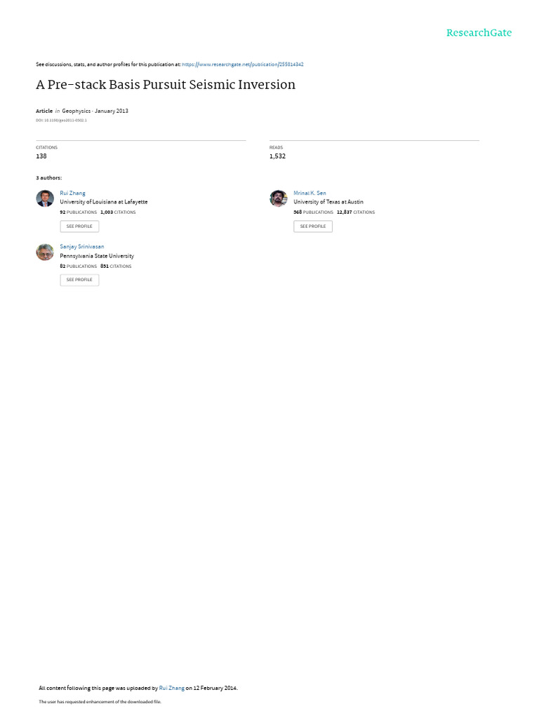 A Prestack Basis Pursuit Seismic Inversion | PDF | Inverse Problem ...