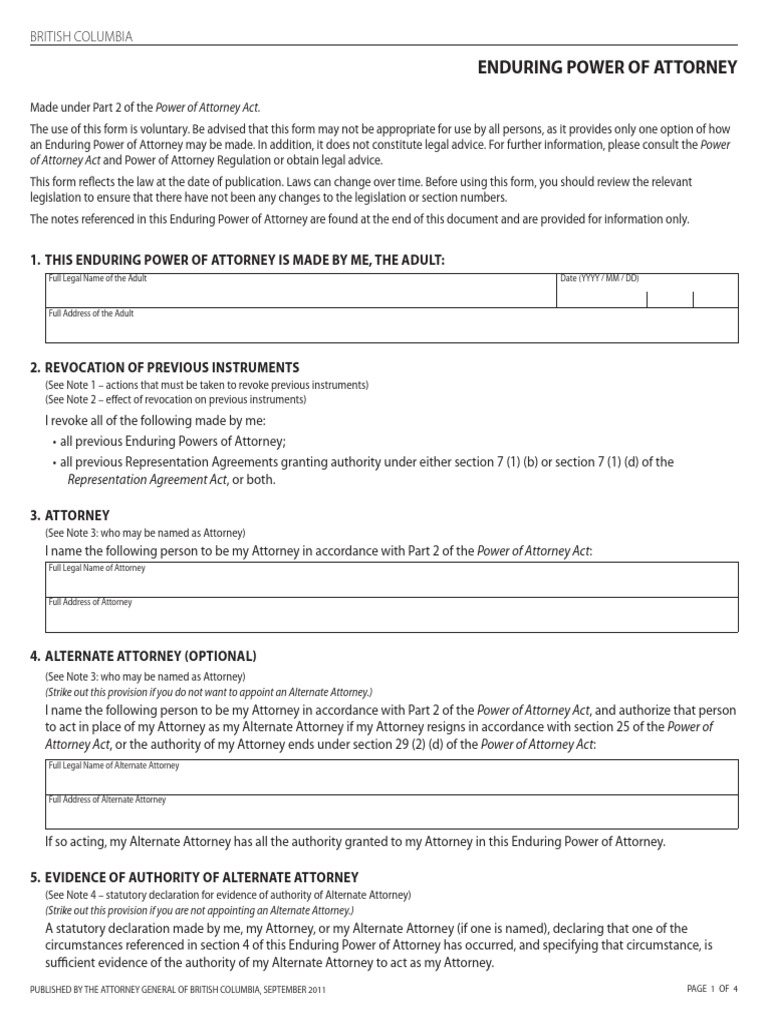 Enduring Power of Attorney Form BC | PDF | Power Of Attorney | Affidavit
