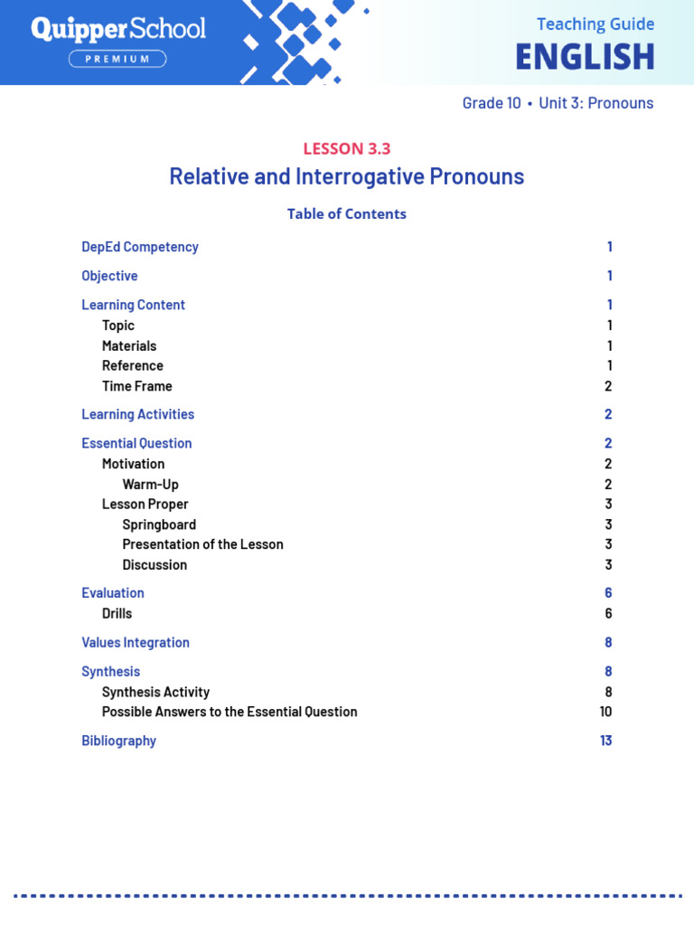 ME Eng 10 Q3 0303_TG_Relative and Interrogative Pronouns | PDF ...