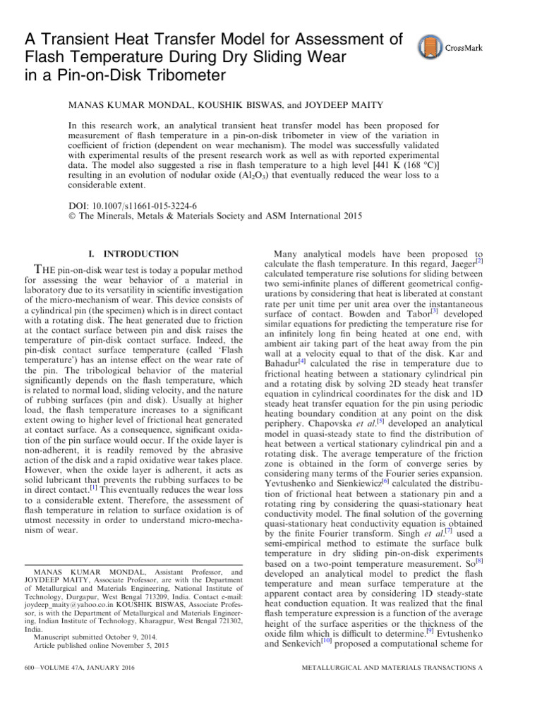 A Transient Heat Transfer Model For Assessment of Flash Temperature ...
