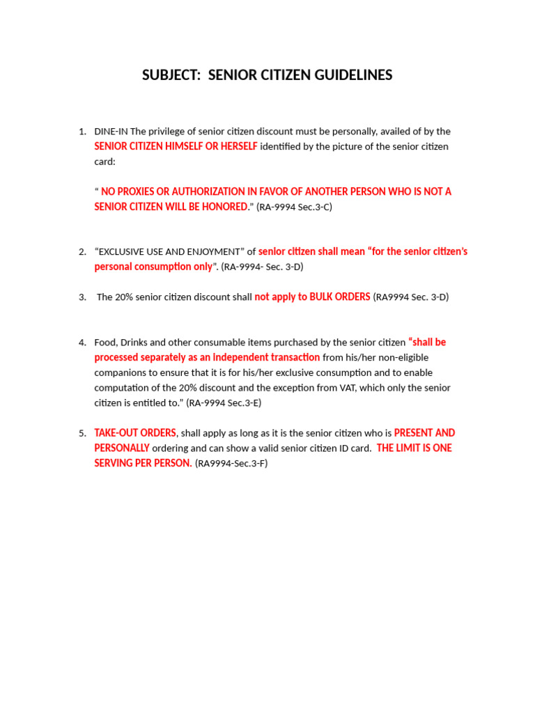 Senior Citizen Discount Guidelines | PDF
