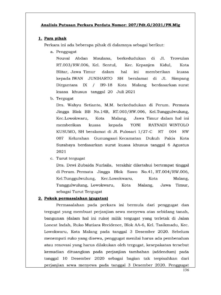 Contoh Analisa Putusan Perkara Perdata | PDF